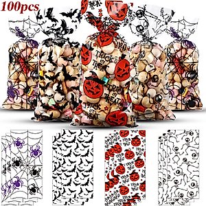 100 Pieces Halloween Cello Bags Trick or Treat Cellophane Favor Bag Black Clear Candy Goodie Treat Bags with 200 Orange and Silver Twist Ties for Kids Halloween Party Decorations, 4 Assorted Styles