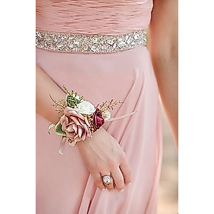 YSOJMAN Blush Pink Wrist Corsage Wristlet and Boutonniere Set for Wedding Bridesmaid Mother Grandmother for Bridal Shower Wedding Artificial Roses Flower Prom