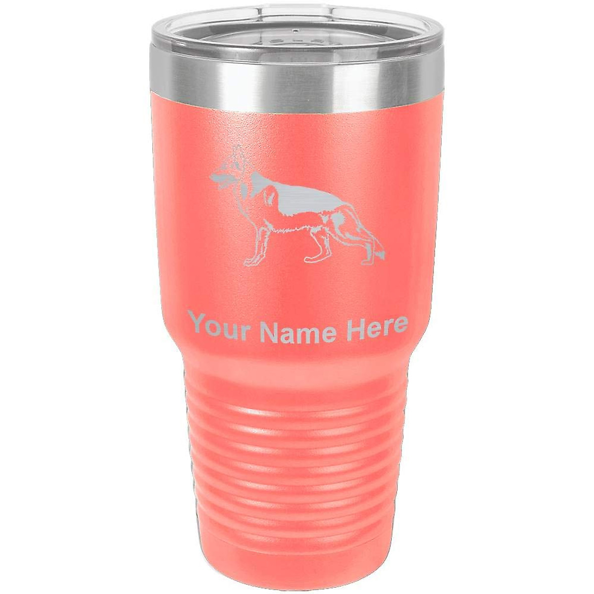 LaserGram 30oz Vacuum Insulated Tumbler Mug, German Shepherd Dog, Personalized Engraving Included (Coral)