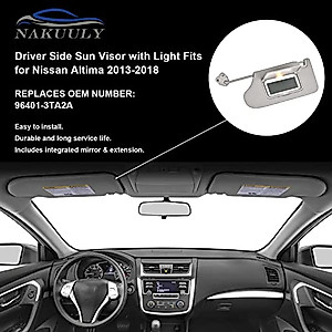 Nakuuly Left Driver Side Sun Visor Gray with Light, Without Sunroof Compatible with Nissan Altima 2013 2014 2015 2016 2017 2018 Replaces # 96401-3TA2A