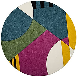 SAFAVIEH Hollywood Collection 6'7" Round Peacock Blue / Fuchsia HLW706C Mid-Century Modern Non-Shedding Dining Room Entryway Foyer Living Room Bedroom Area Rug