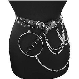 HUI GUO Women's Gothic Body Chain Belt Leather Punk Waist Belt with O-ring Metal Chain Tassel Adjustable Buckles(Black3), One Size