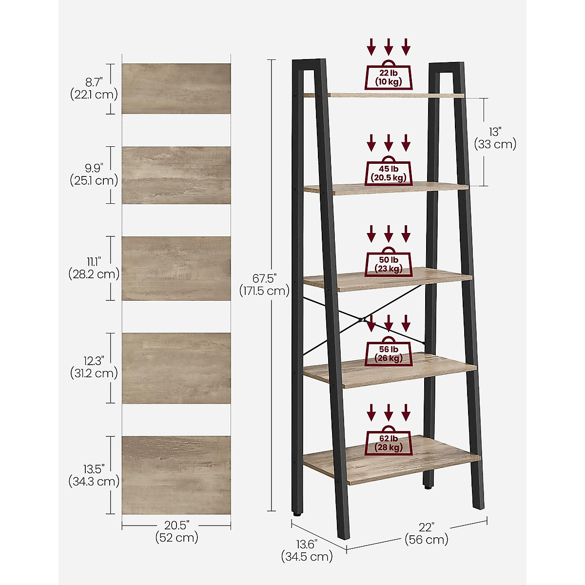 VASAGLE Ladder Shelf, 5-Tier Bookshelf, Storage Rack, Bookcase with Steel Frame, for Living Room Home Office, Kitchen, Bedroom, Industrial Style, Camel Brown + Black