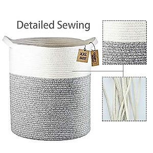 Laundry Basket 2pc by COMFY-HOMI Large Basket 18"X16" Tall Woven Cotton rope Basket with Handles Decorative Basket for Blankets Round Storage Basket for living room,Clothes,Pillows,Towels (White Grey)