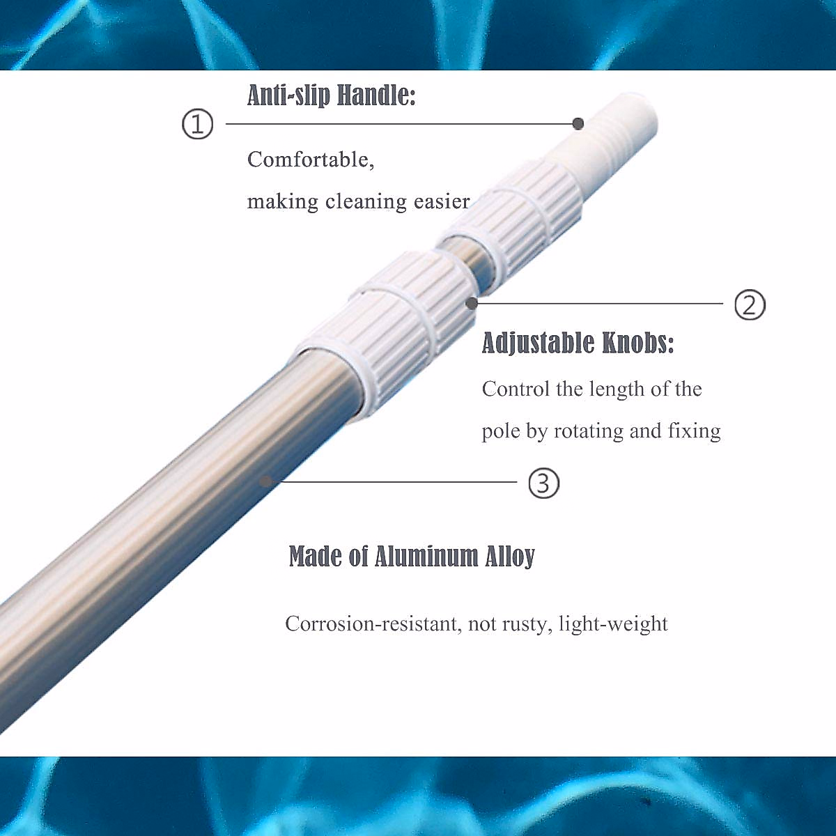 Upgraded Professional 16 Foot Swimming Pool Pole Telescopic Aluminum, 1.28mm Thicken Fits Pool Net Skimmer Rake Vacuum Head Brush Cleaning Heavy Duty, Adjustable 3 Section from 6 to 16ft Extension