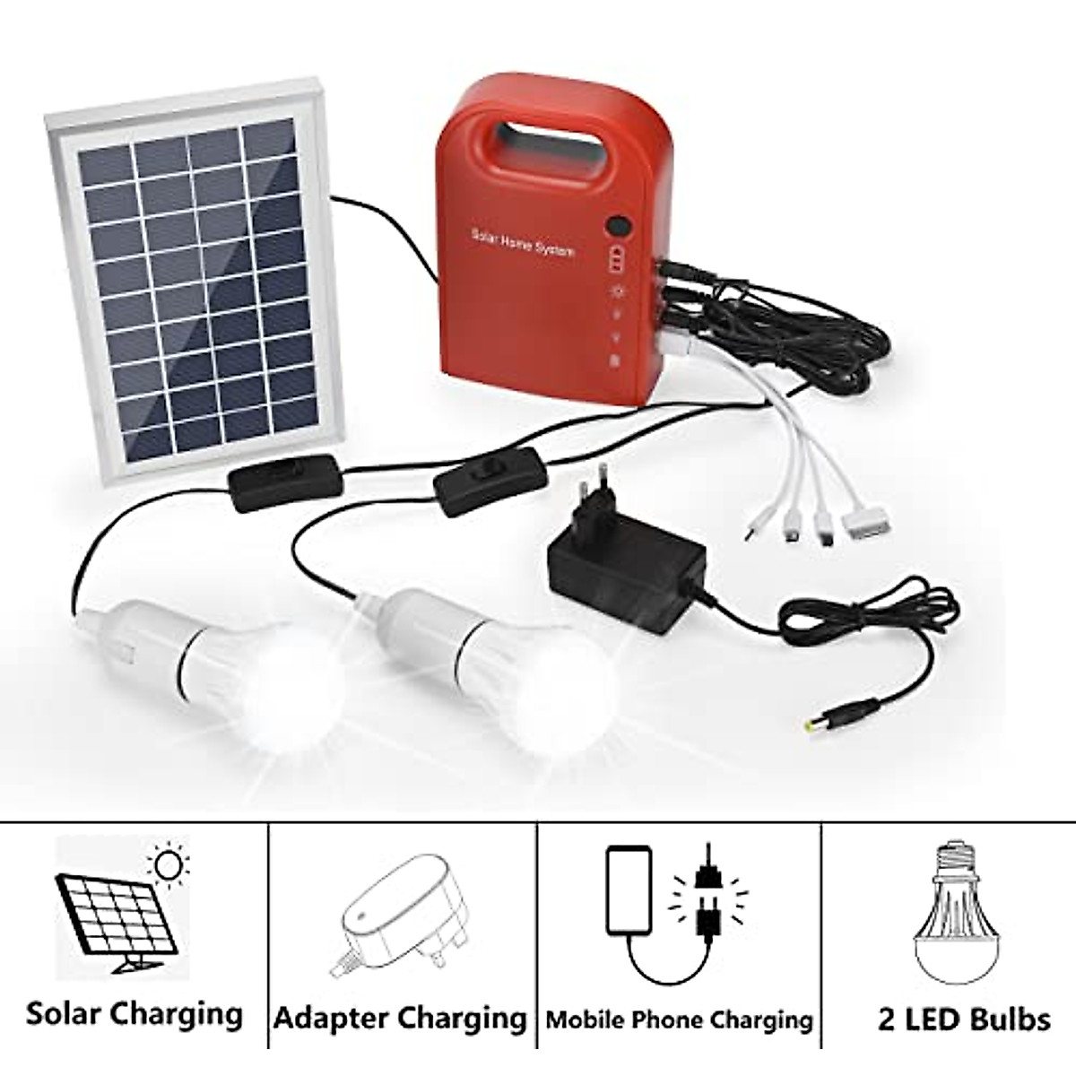 MeetUs Portable Home Outdoor Generation System Small DC Solar Panels Lighting Charging Generator Power System, 2 Pcs Lighting Bulb + 4 In 1 USB Charging Cable