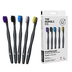 The Humble Co. Natural Toothbrush (5pk) - Sustainable, Vegan Eco Friendly Toothbrushes with BPA Free Bristles, Plant Based Black Toothbrush for Superior Oral Care (Soft Bristles)