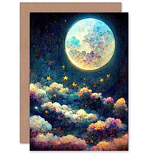 Artery8 Magical Full Moon Stars for Him or Her Man Woman Birthday Thank You Congratulations Blank Art Greeting Card