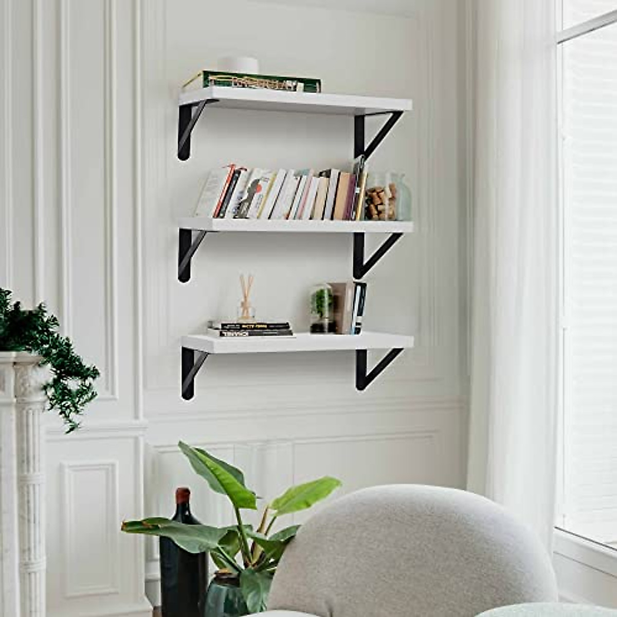 fuqing® White Floating Shelves Wall Mounted Set of 3, Wood Wall Shelves for Bedroom, Bathroom, Living Room, Kitchen, Laundry Room Storage & Decoration