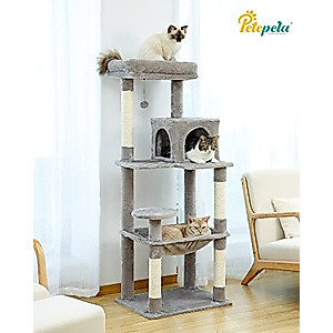 PETEPELA 56.3 Inches Cat Tree for Indoor Cats Multi-Level Cat Tower with Sisal Covered Scratching Posts, Cozy Condo, Super Large Hammock and Plush Perches Grey
