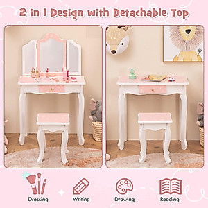 Costzon Kids Vanity, Girls Vanity Set with Mirror and Stool, Children Makeup Dressing Table with Drawer, Pretend Play Kids Vanity Table and Chair Set (Pink Snowflake Print)