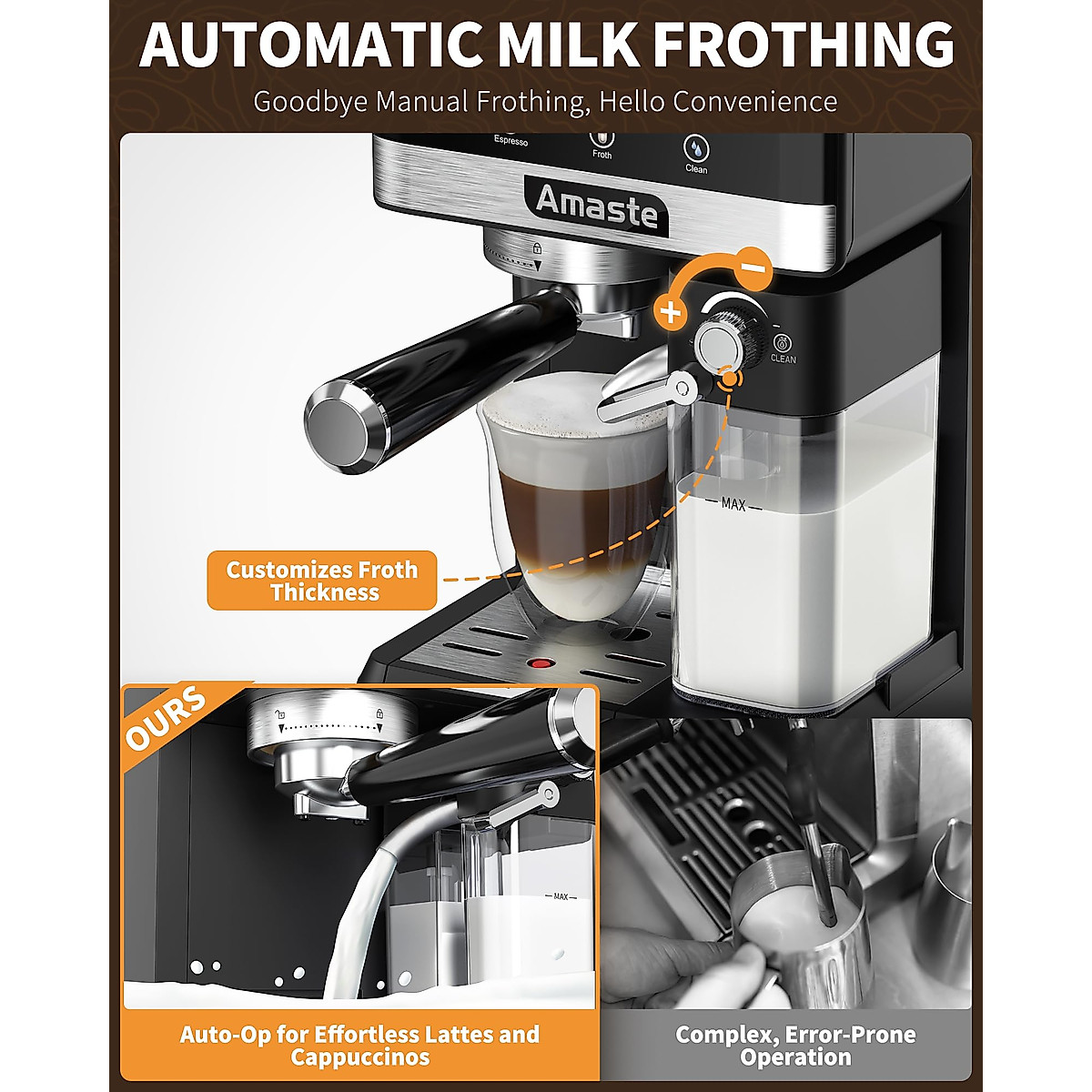 Amaste Espresso Machine, 20 Bar Cappuccino Machine With Touch Screen, Espresso Machine with Milk Frother for Home, 3-in-1 Latte Machine With Milk Tank for Espresso, Cappuccinos & Lattes, 1350W