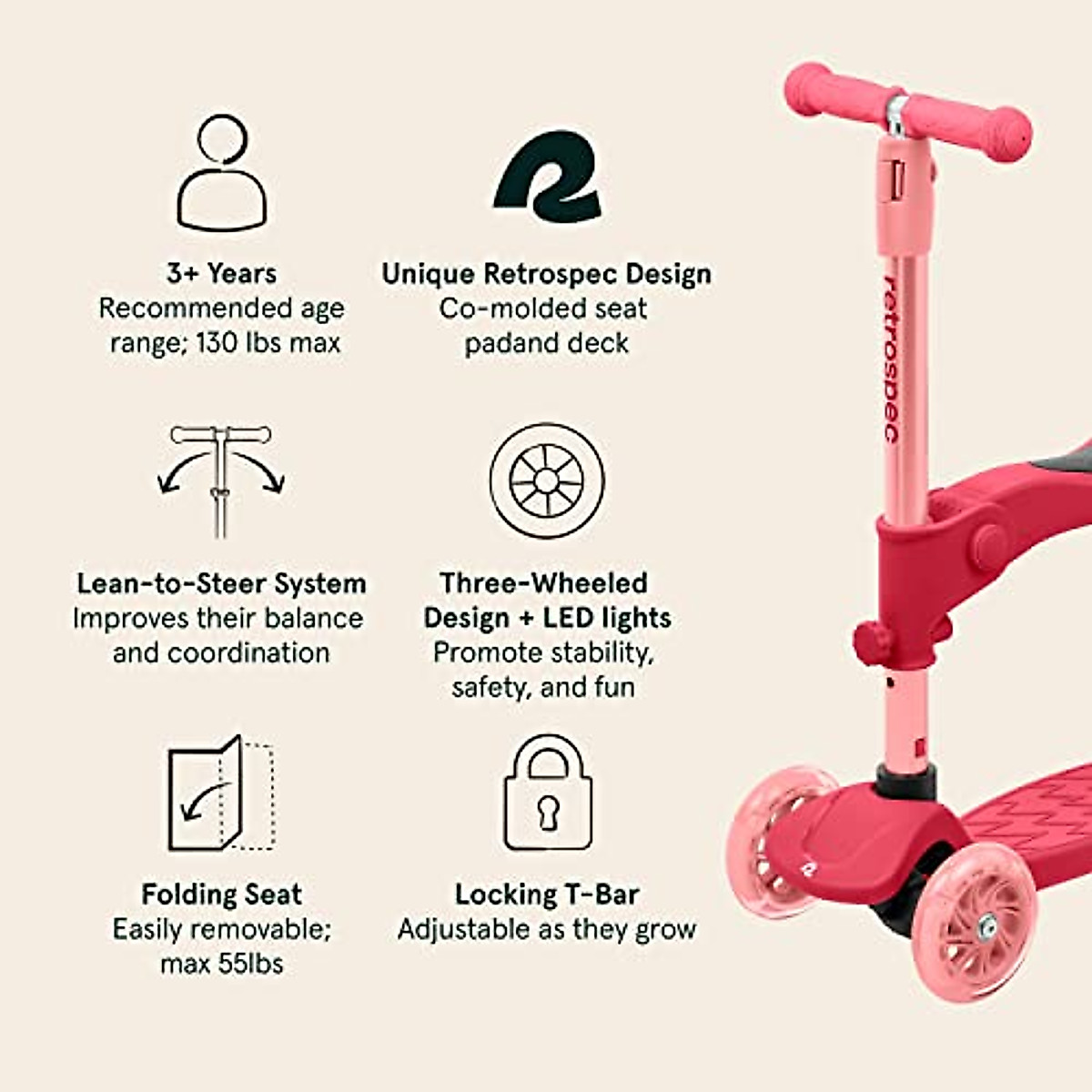 Retrospec Chipmunk Plus Kids’ Kick Scooter 3+ Years - Height Adjustable 3 Wheel Scooters - Learn to Steer, Foldable Seat, LED Lights, & No-Slip Deck - Bubblegum