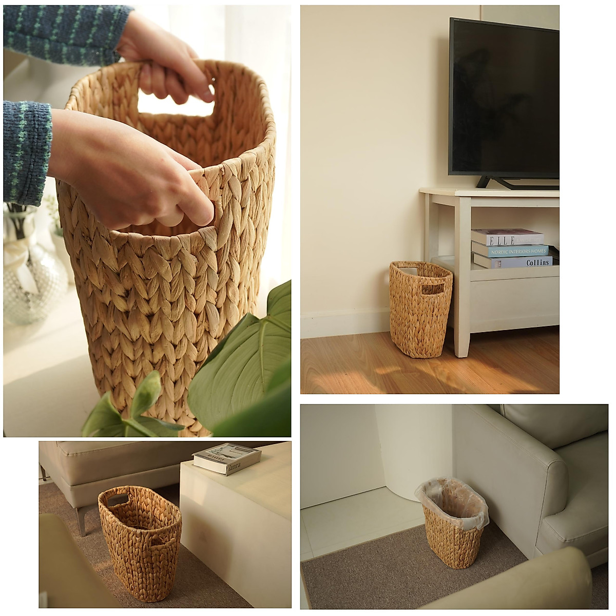 TIDITA 3.2 Gallons Wicker Waste Basket - Trash Basket with Handles - Wastebaskets for Bedroom, Bathroom, Kitchen, Living Room, Office - Handwoven Trash Can for Under Sink, Garbage Can (Water Hyacinth)
