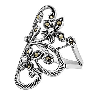AeraVida Beautiful Marcasite Style Detailed Pyrite Flower Vine .925 Sterling Silver Ring for Women - Size 9