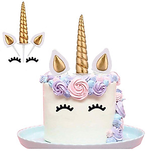 Yashell Topper, Reusable Gold Horn,Ears and Eyelashes Cake Value Set for Unicorn Party Decoration for Baby Shower，Weddin