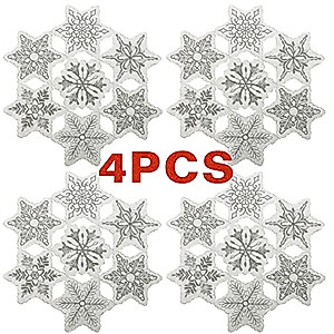 OWENIE Christmas Placemats Set of 4, Metallic Embroidered Cutwork Silver Snowflakes Round Placemats for Dinging Table, Luxury Holiday Tabletop Collections, Winter Table Mats (4pcs, 15 inches Round)