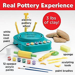 Faber-Castell Pottery Studio - Kids Pottery Wheel Kit for Ages 8+, Complete Pottery Wheel and Painting Kit for Beginners, 3 lbs of Sculpting Clay , Blue