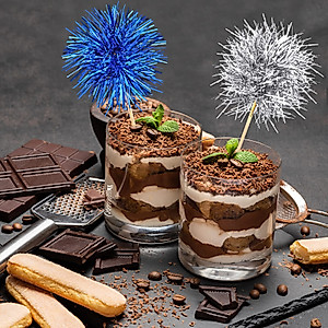 Chinco 100 Pcs Foil Firework Cupcake Toppers Sparkle Tinsel Cake Toppers Cake Decoration Cocktail Fruit Toothpick for Birthday Wedding Graduation Party(Silver, Blue)