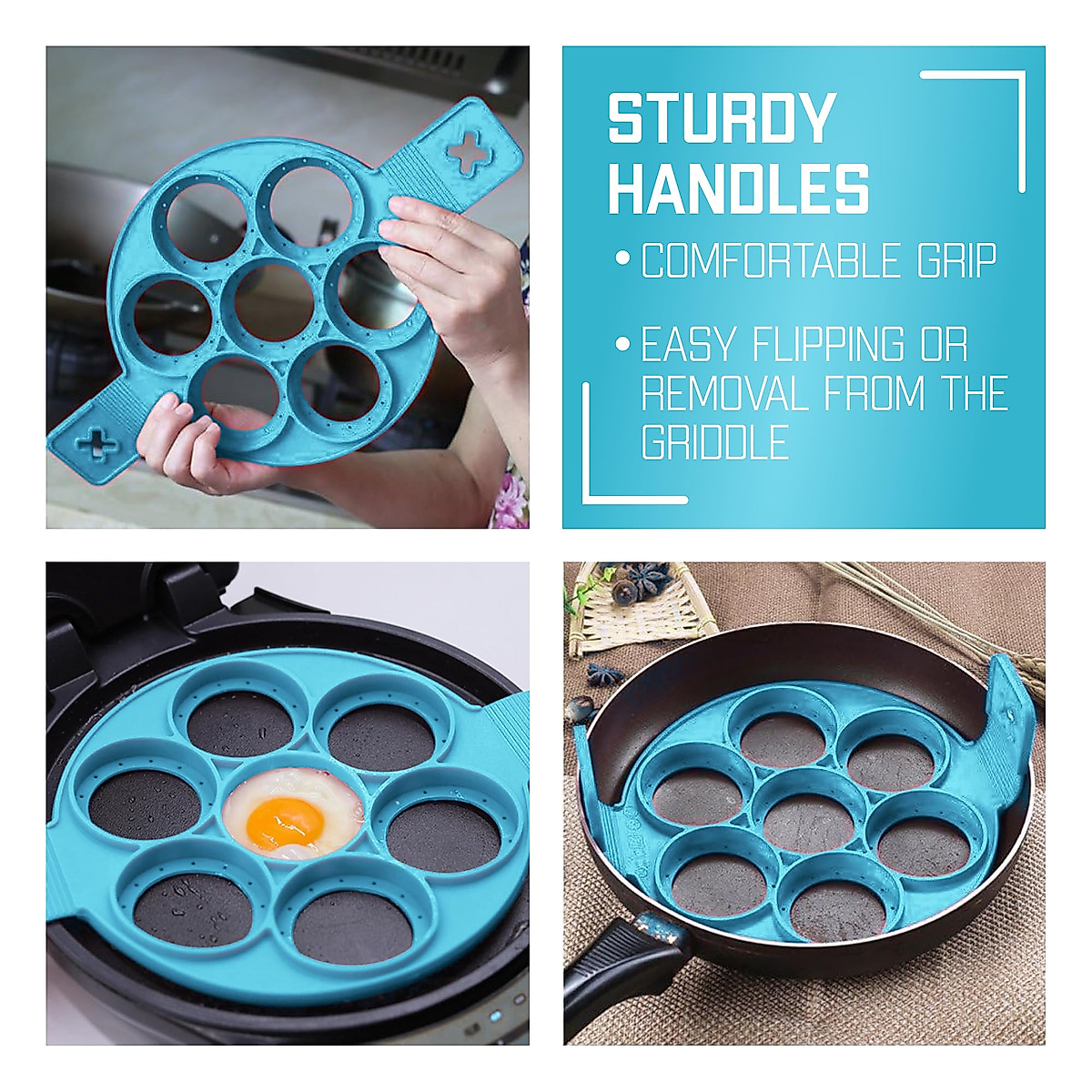 BIOPRONEXT Non Stick Pancake Maker - 7 Circles Mini Pancake Mold - Silicone Pancake Mold - Silicone Egg Rings for Griddle with Handles - Pancake Molds for Griddle Frying Eggs - Blue