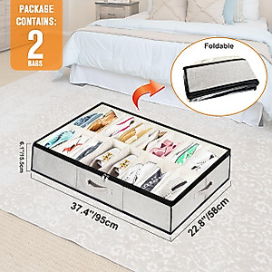 Shoe Storage Organizer Under Bed, 2 Pack Fits 32 Pairs, Extra Large Shoe Container, Breathable Fabric Underbed Storage for Sneakers, Slippers, Closet, Grey