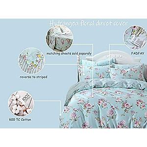 FADFAY Floral Duvet Cover Queen 100% Cotton Blue Green Farmhouse Bedding Super Soft Reversible Striped French Country Bed Cover Purple Hydrangea and Peony Print Zipper Comforter Cover 3 Pieces