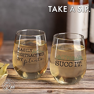 On The Rox Drinks Plant Lady Succulent Cactus Gifts for Women- Set of 2 Funny Wine Glasses 15oz (Easily Distracted by Plants - S**c It)