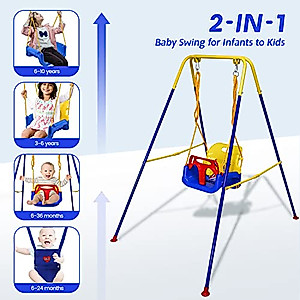 3-in-1 Toddler Swing Set and Baby Jumper, Baby Swing with Bouncers for Indoor Outdoor Play, Sturdy Safety Seat and Foldable Metal Swing Stand Easy to Assemble and Store at Home Garage
