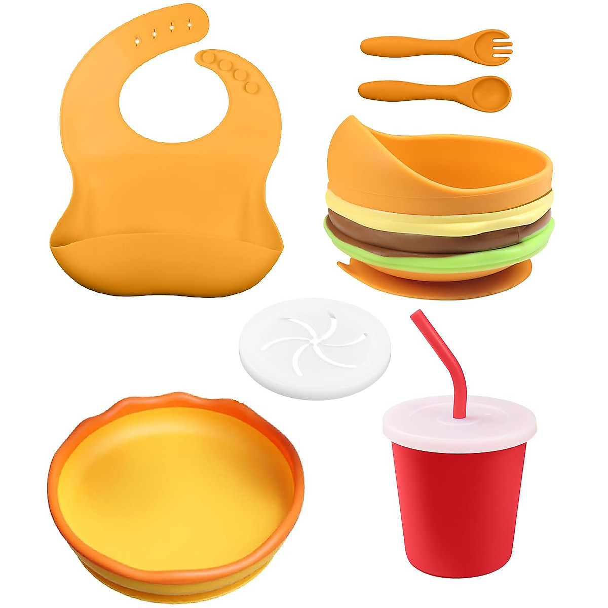 Baby Led Weaning Supplies, Silicone Feeding Set for Baby, Toddler Plates and Bowls Set with Suction, Baby Utensils Set with Adjustable Bib, Sippy Cup,Spoon and Fork, 6+ Months