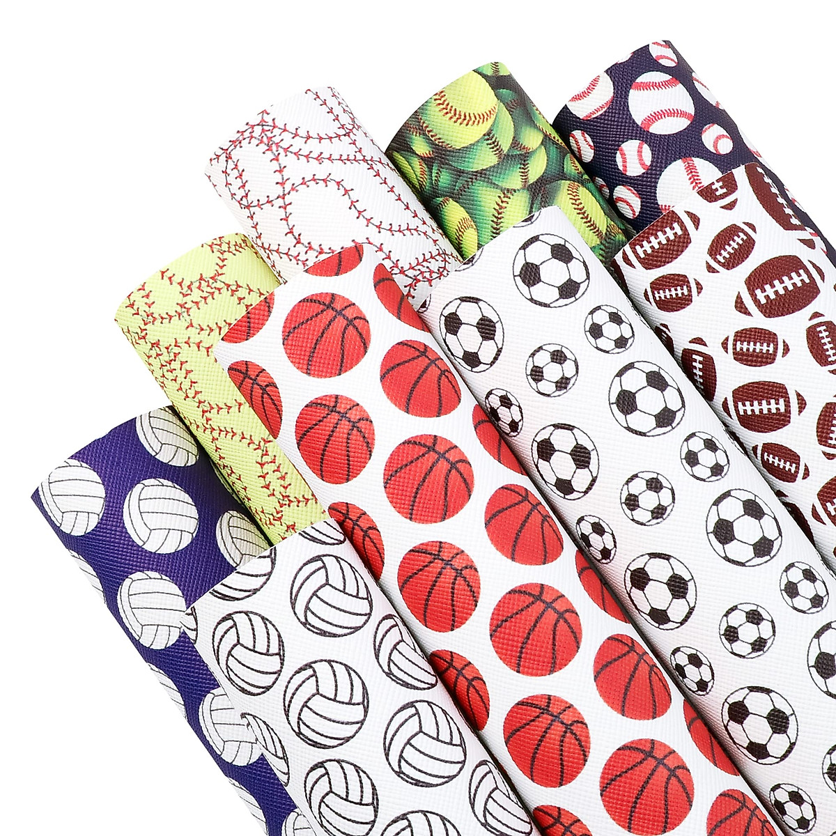 David Angie Ball Football Baseball Volleyball Printed Faux Leather Sheet 9 Pcs Assorted 8" x 13" (20 cm x 34 cm) Sports Theme Leather Fabric for Bags Earrings Making DIY Projects (Pattern A)