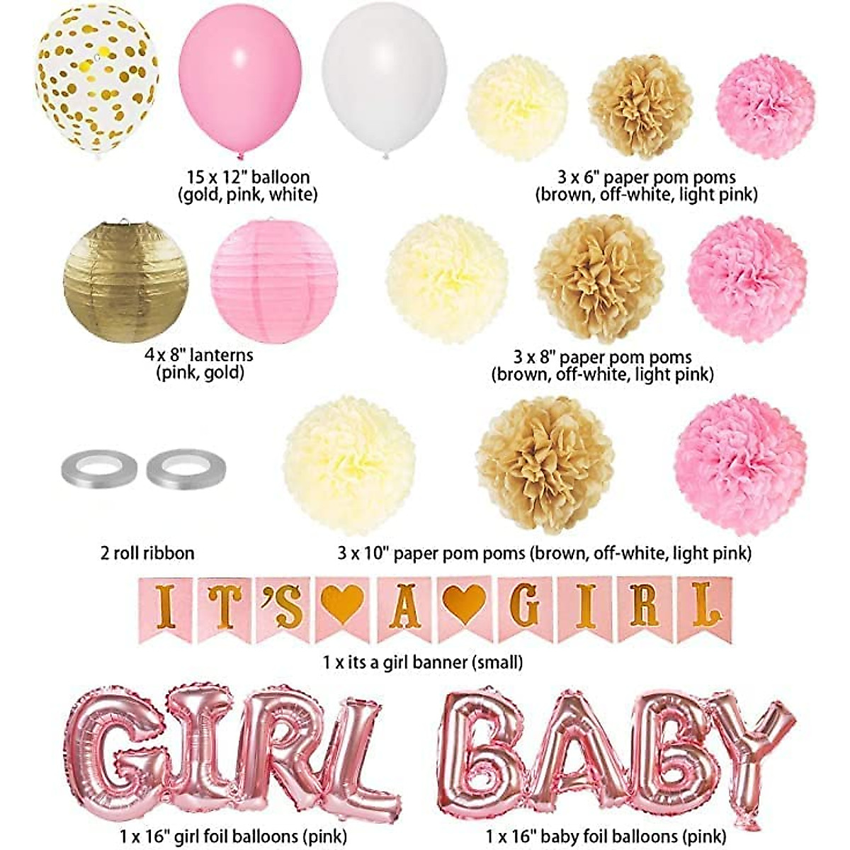 Ouddy Party Pink Baby Shower Decorations for Girl with Its a Girl Banner, Baby Girl Letter Pink Gold Confetti Balloons Paper Pom Poms for Girl Baby Shower Gender Reveal Party Supplies