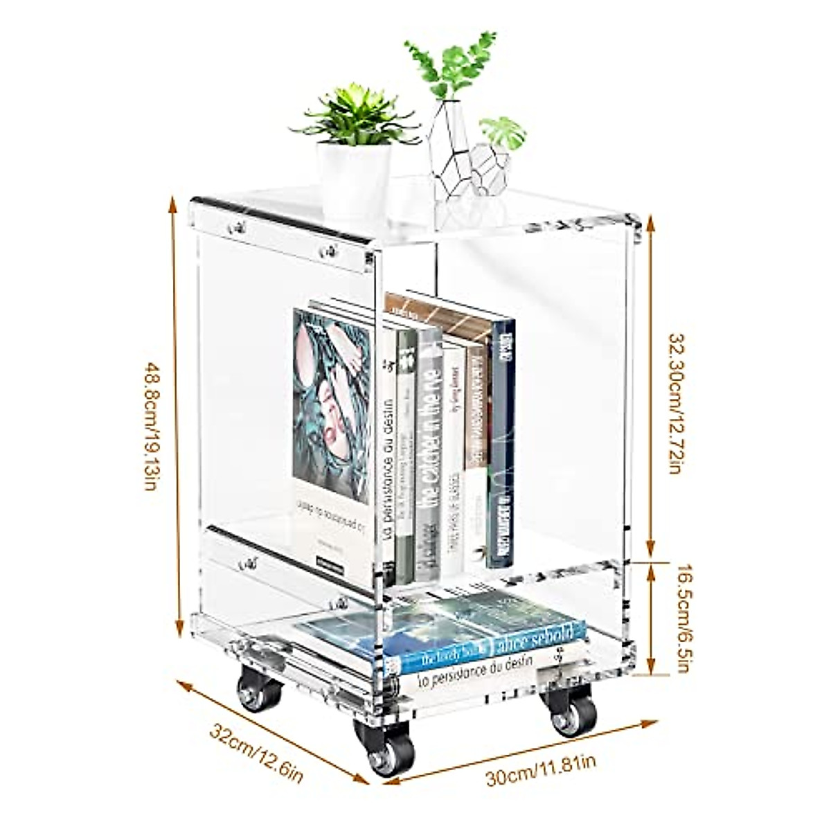 KSacry Acrylic Rolling Cart for Small Space,Mobile End Table with Two Tier Rolling Cart,Acrylic Nightstand/Bedside Table for Living Room, Bedroom (12.6" L × 11.8" W × 19" H)