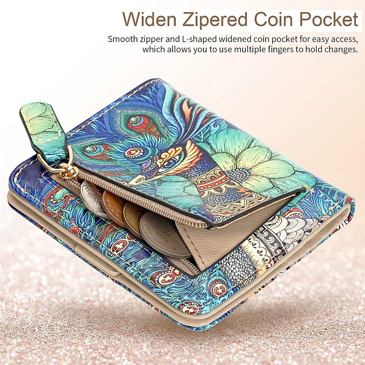 APHISON Womens Wallet, Slim Small Wallet for Women RFID Wallet Women Cartoon Microfiber Leather with ID Credit Card Holder Zipper Coin Pocket Bifold Compact Wallet Peacock