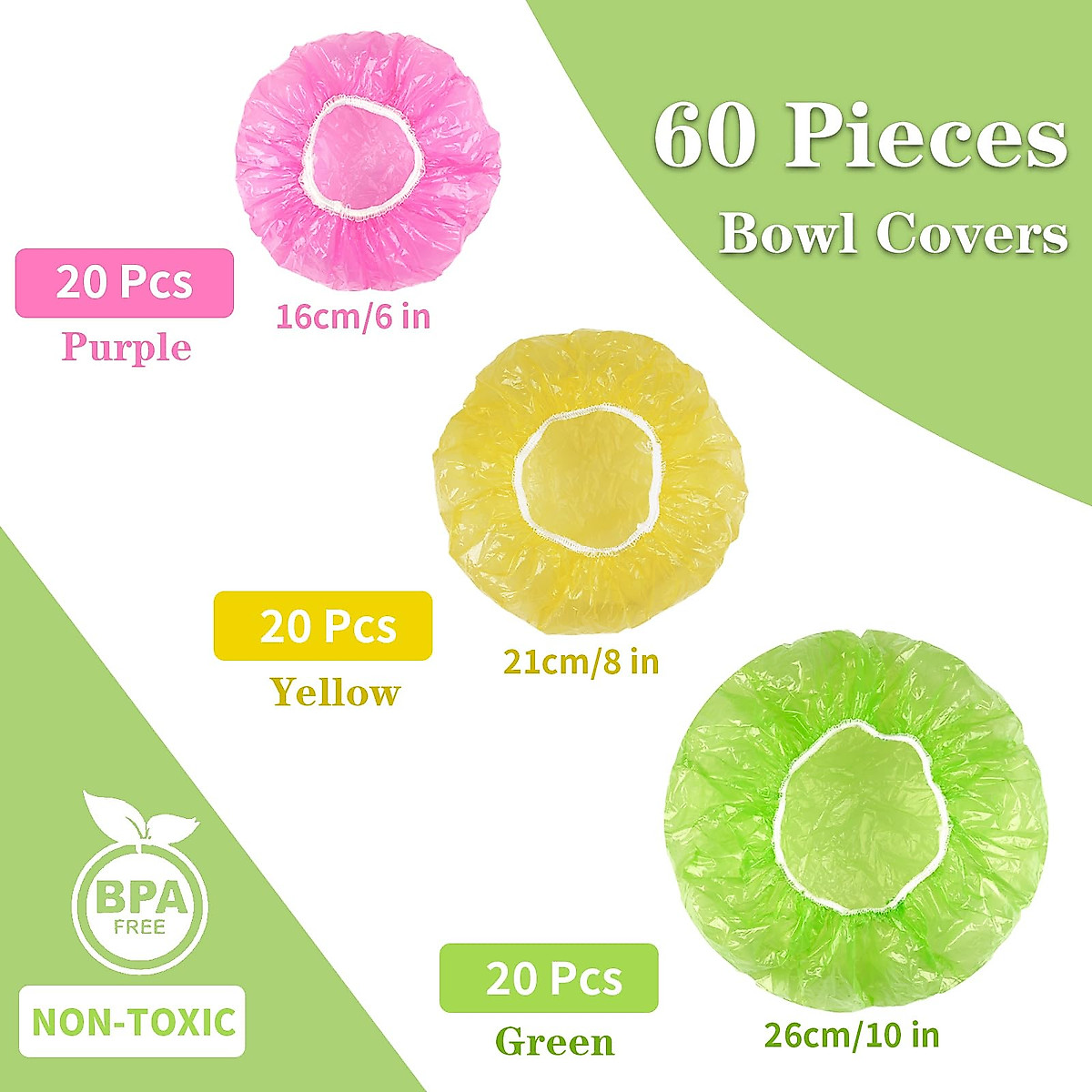 Plastic Bowl Covers Elastic Reusable - 60 PCS Fresh Keeping Bags, 3 Size Food Covers Stretch, Shower Cap Bowl Storage Covers（6/8/10inch）
