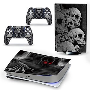 PS5 Skin Stickers Full Body Vinyl Skins Wrap Decals Cover for PS5 Disc Edition Console & Controllers (Black Skulls)