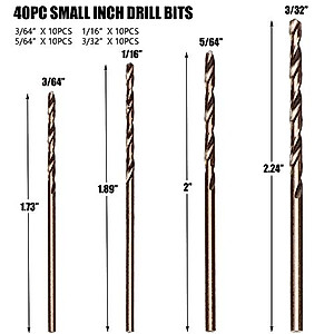 Hymnorq 40PC M35 Cobalt Steel Twist Jobber Small Drill Bits, 4 Sizes 3/64 Inch 1/16 Inch 5/64 Inch and 3/32 Inch, 135 Degree Pilot Split Point, Extremely Heat Resistant, for Stainless Steel