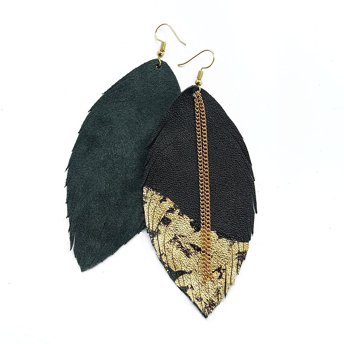 Bohemian Feather Dangle Earrings Leather Long Fashion Earrings for Women Girls-Black Gold