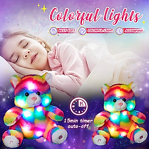 Athoinsu Light up Rainbow Music Teddy Bear Stuffed Animal LED Glowing Singing Night Light Cute Soft Plush Toy Gifts Decors for Toddlers Kids, 11"