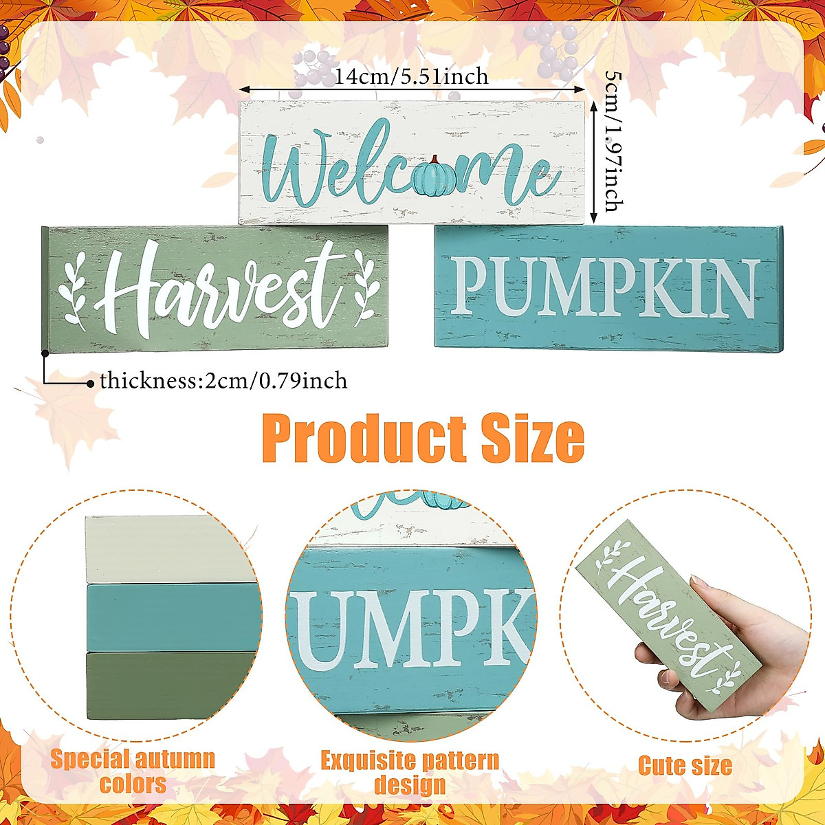 Geetery 3 Pcs Fall Decor, Thanksgiving Table Centerpiece, Welcome Pumpkin Harvest Wooden Block Sign Fall Decorations Farmhouse Autumn Decor for Home Table Office Room