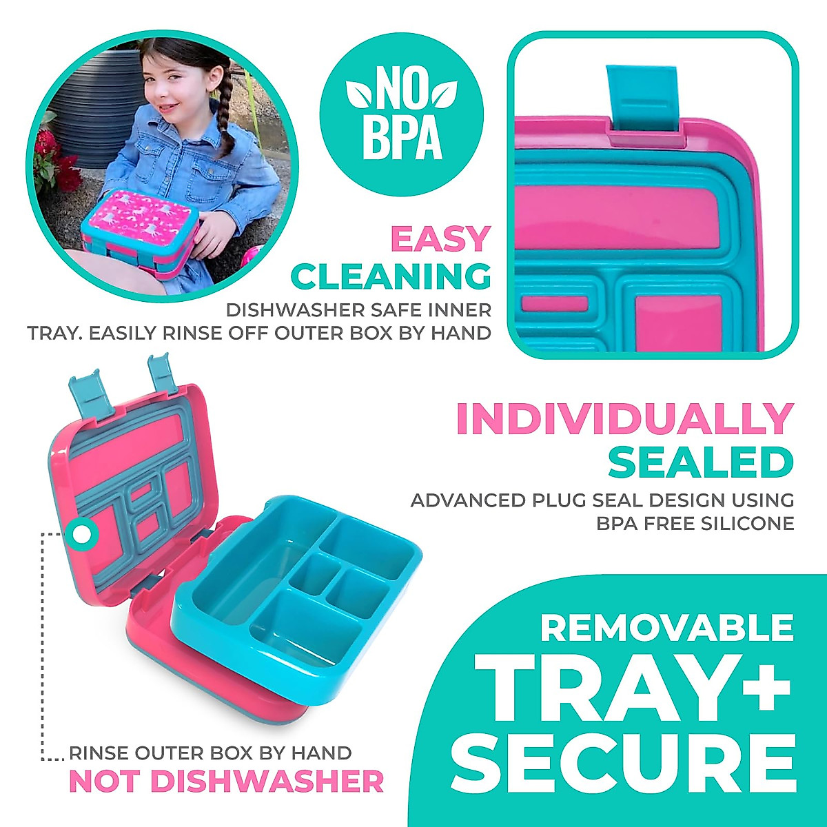 Bento Lunch Box with Insulated Bag, Water Bottle Ice Pack Set for Kids Toddlers, 5 Portion Sections, BPA Free Removable Tray, Pre-School Kid Toddler Daycare Lunches, Snack Container, Pink Unicorn