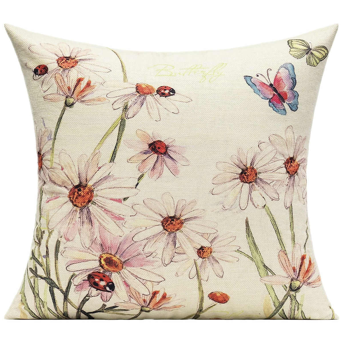WOKANI Spring Outdoor Throw Pillow Covers 18x18 Set of 4 Decorative Cushion Cases for Patio Bench Couch Sofa Home Garden Decor,Butterfly Flower Floral Ladybug Lavender