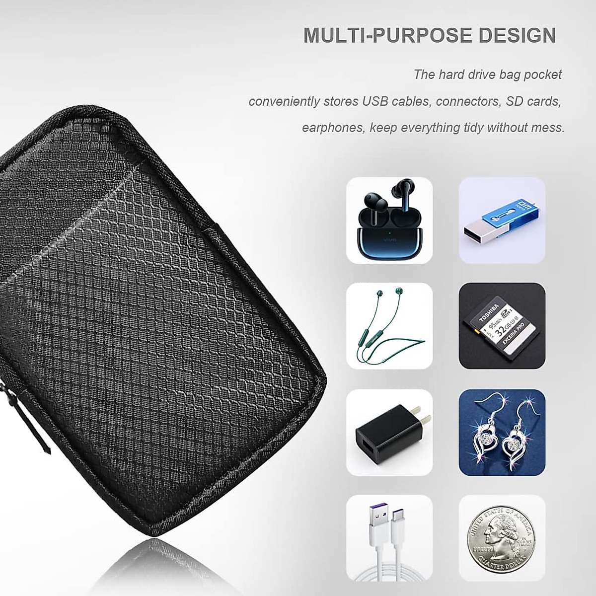 Hard Drive Bag 2.5'' Hard Drive Carrying Case Storage Organizer Multi-Purpose Universal Carry Pouch Compatible with Western Digital WD Elements Seagate Etc