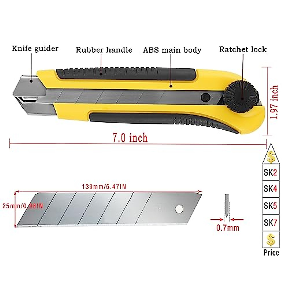 FeiLyKi 25MM Box Cutter Carpet knife Heavy Duty Utility Knife Ratchet Lock,9MM Aluminum alloy Exacto Knife Retractable,2Pack SK5 Snap Off blades-2061