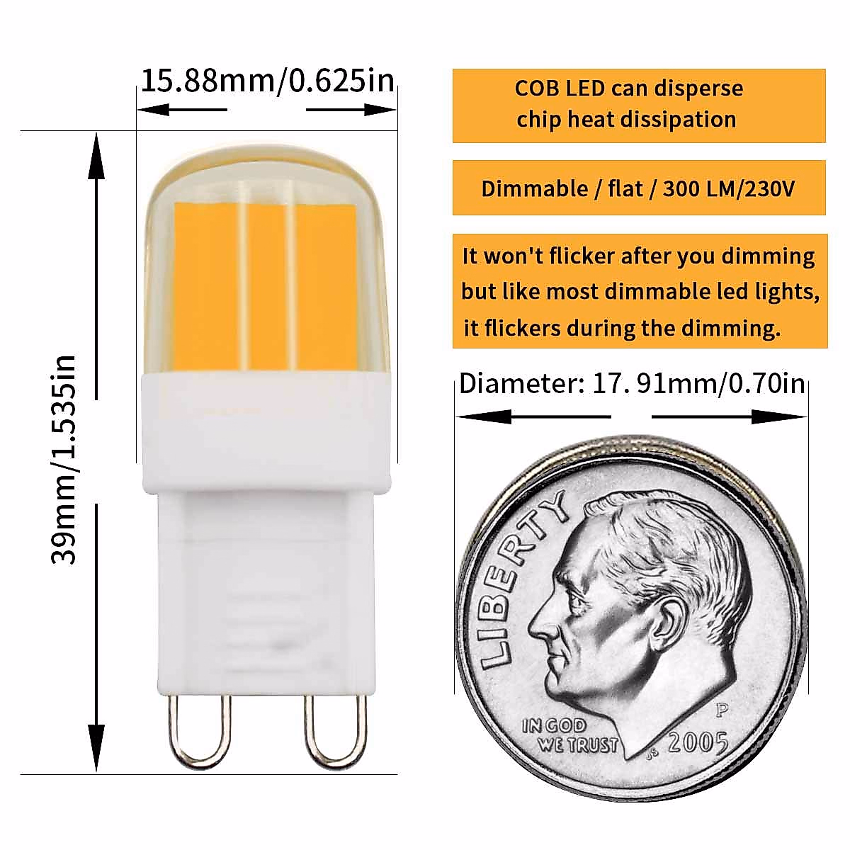 MJIUZHOU G9 LED Light Bulbs 25W 20W Halogen Equivalent Warm White 3000k 300Lm CRI 83 110v 120v 3W JCD/G9 Bi-Pin Base COB Bulb Mini Home Lighting (Pack of 6)