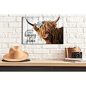 Highland Cow Wall Art - This Is Our Happy Place Inspirational Canvas Poster for Home - Long Haired Scottish Cow with White Flower Picture Farmhouse Kitchen Decor Framed (10"x15")