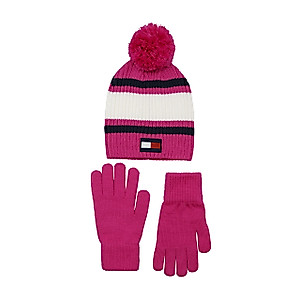 Tommy Hilfiger Girls Ribbed Beanie & Glove Accessories Set Cold Weather Hat, Pink Ribbed Set