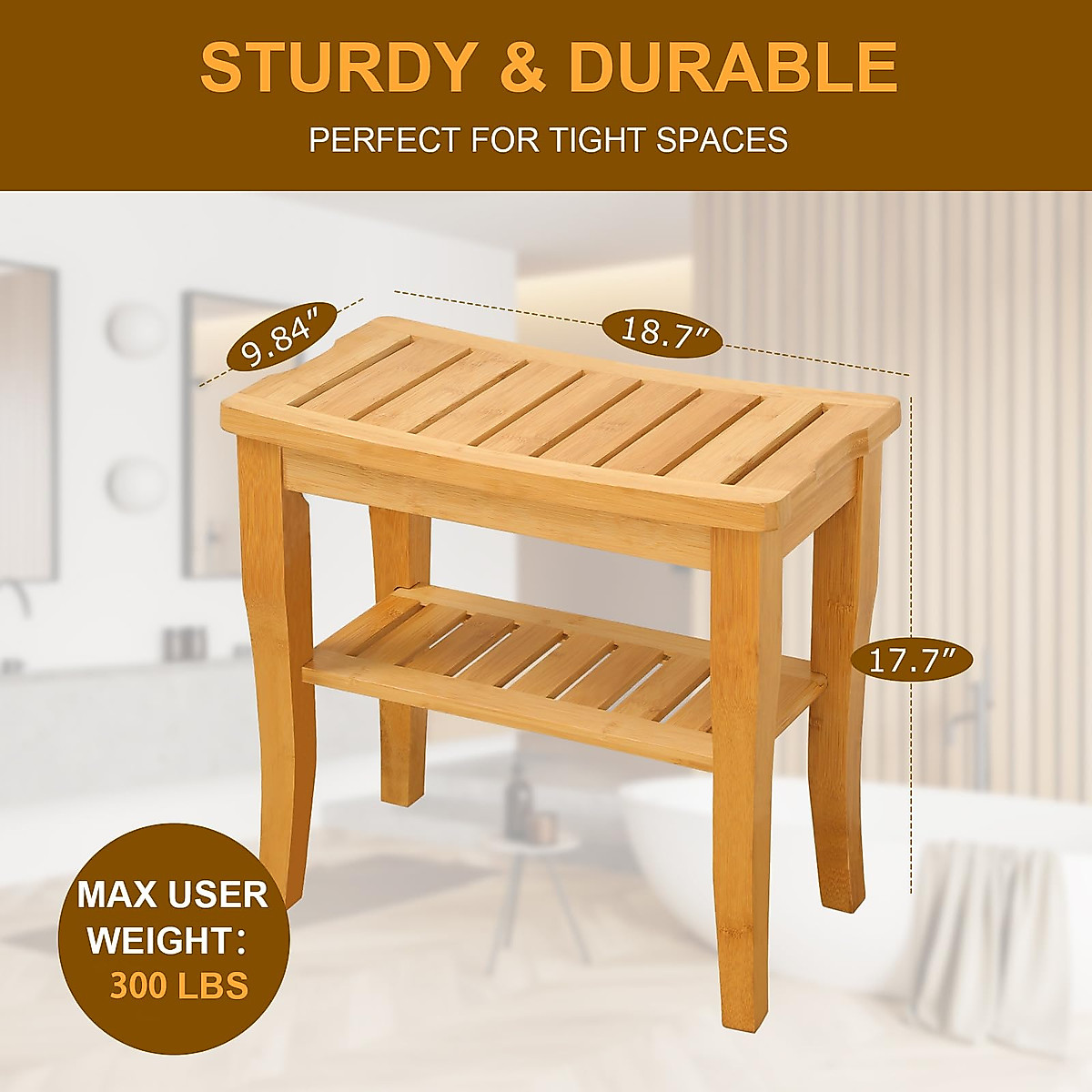 VVW Bamboo Shower Bench with Storage Shelf,19 Inch 2-Tier Wooden Spa Seat Bath Stool for Indoor, Shower Chair Bamboo for Adults Seniors Women Elderly
