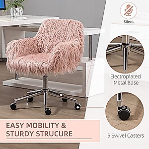Vinsetto Faux Fur Desk Chair, Swivel Vanity Chair with Adjustable Height and Wheels for Office, Bedroom, Pink