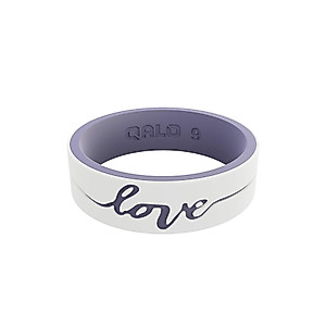 QALO Women's Rubber Silicone Ring, Strata Love Two Tone Dual Layered, Silicone Rubber Wedding Band, Breathable, Durable Engagement Silicone Ring, 6mm Wide 1.85mm Thick, White & Lilac, Size 5