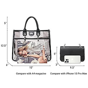 Dasein 2Pcs Women Clear Satchel Purse Transparent PVC Tote Fashion Jelly bag Cute Shoulder Crossbody bag (Black)